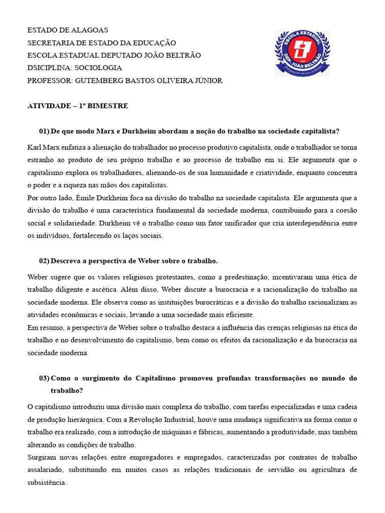 01 - Atividade - Corrigida - 3º Ano | PDF | Sociedade | Sociologia