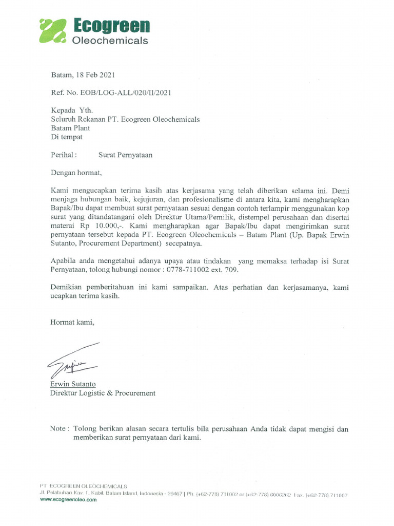 Cover Letter - Supplier Statement Letter (Indonesia), 2021 | PDF