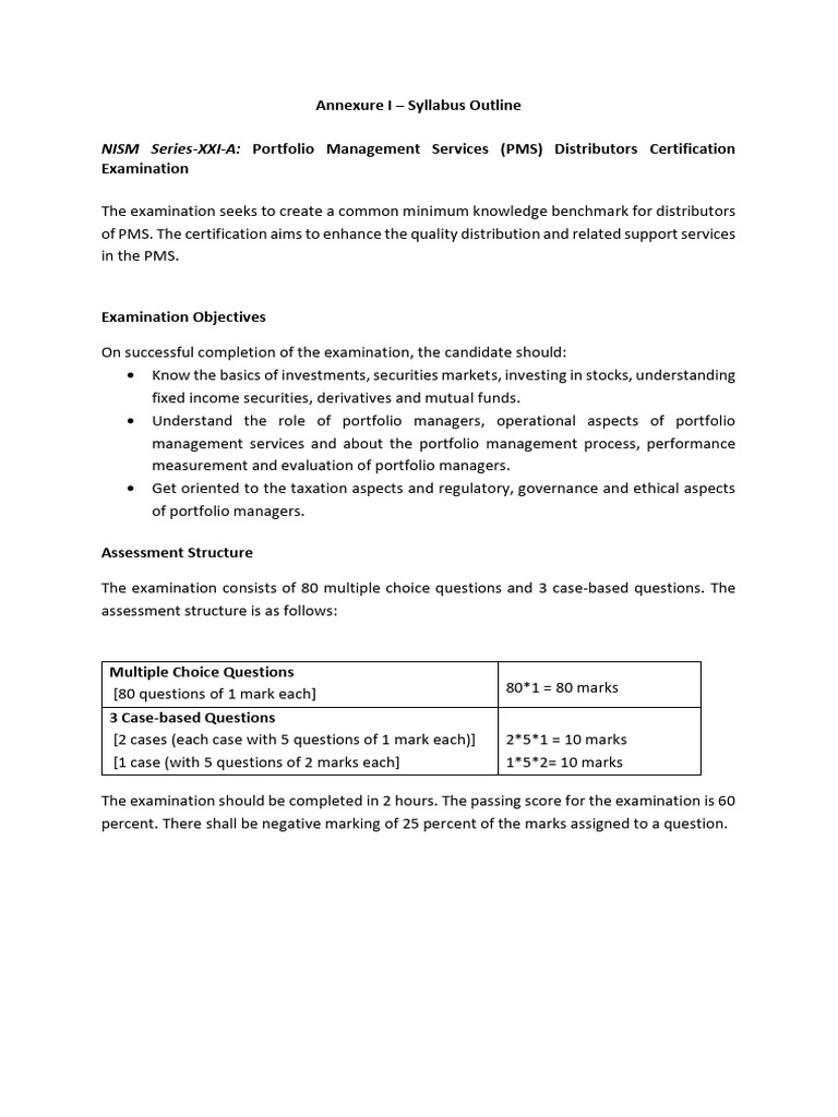 Annexure 1 PMS Certification Examination | PDF | Investment Management ...