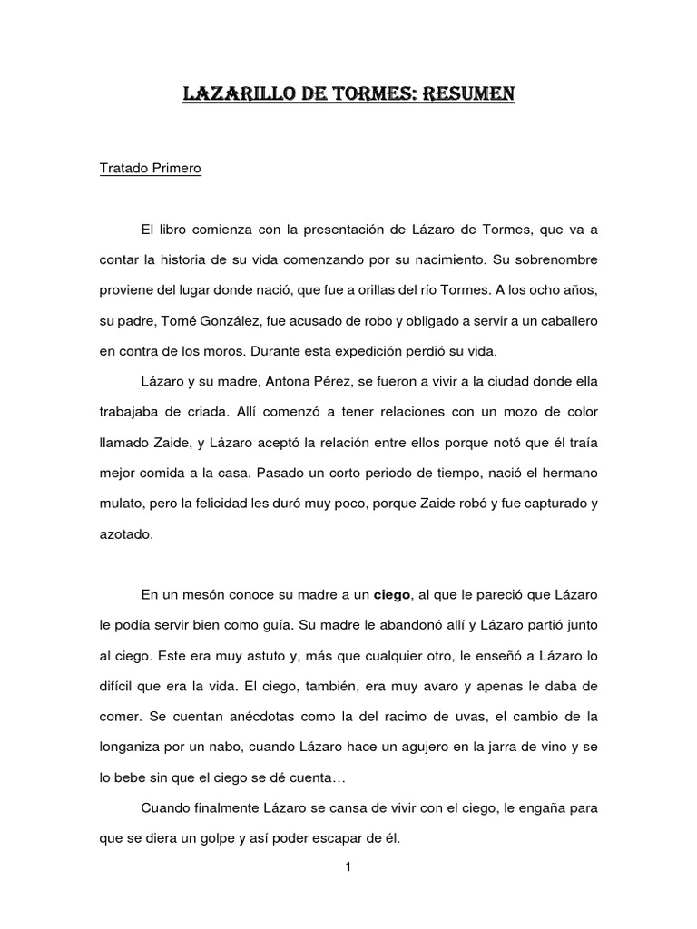 Resumen de "La vida de Lázaro de Tormes" | PDF