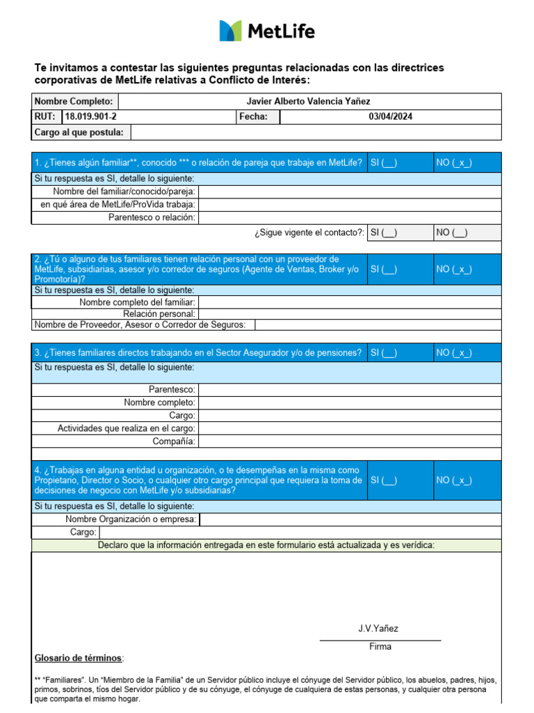 Formulario Conflicto de Interés - MetLife HR (CHL Seguros) | PDF