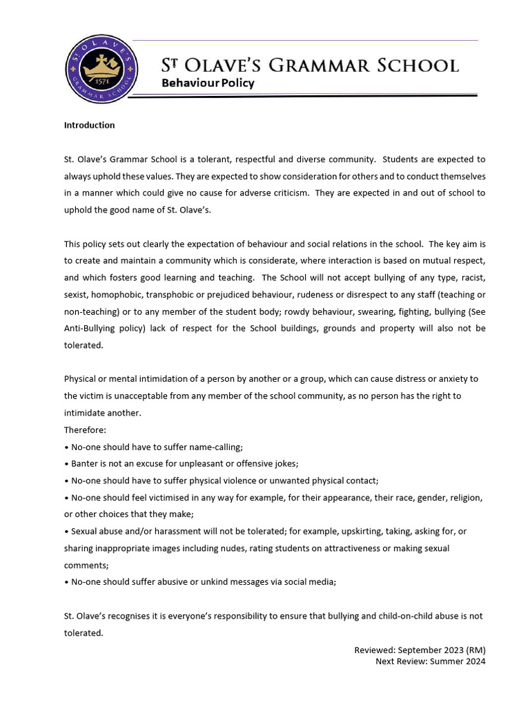 St. Olave's School Behaviour Policy | PDF | Bullying | Violence