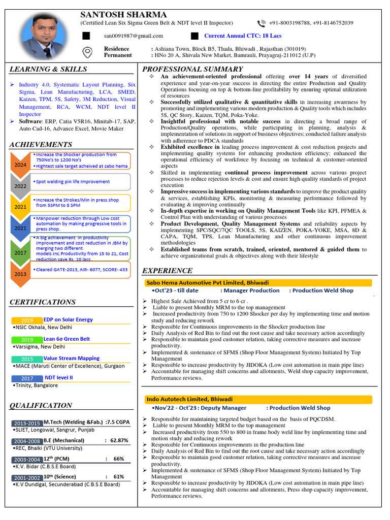 Santosh Sharma CV | Download Free PDF | Lean Manufacturing | Six Sigma
