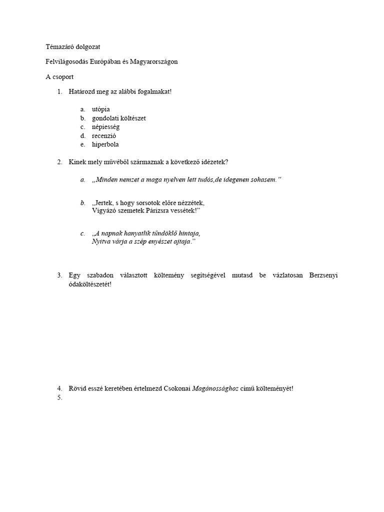 Magyar Irodalom 10. - 01 A Felvilagosodás Témazáró A És B | PDF