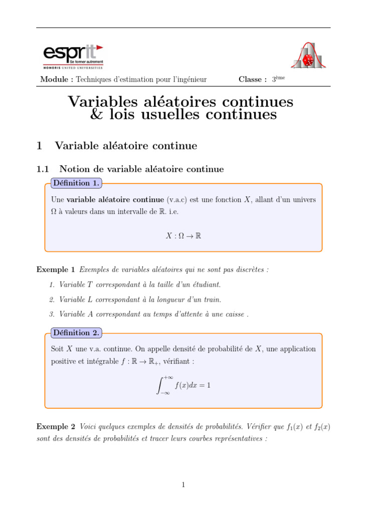Variables Aléatoires Continues et Lois | PDF | Loi normale | Loi de probabilité
