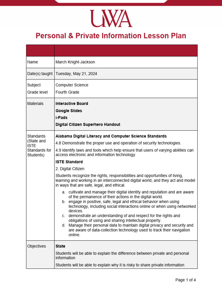 knight-jackson cs lesson plan | PDF | Privacy | Teachers