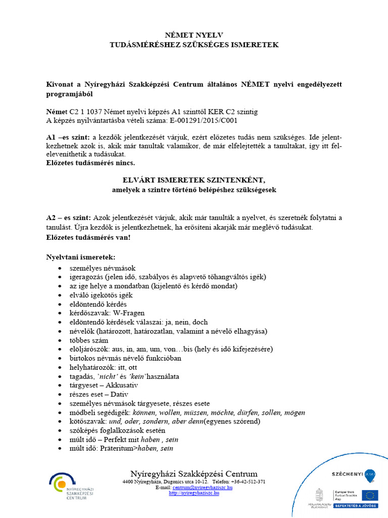 Tudásméréshez Szükséges Ismeretek Német Nyelv | PDF