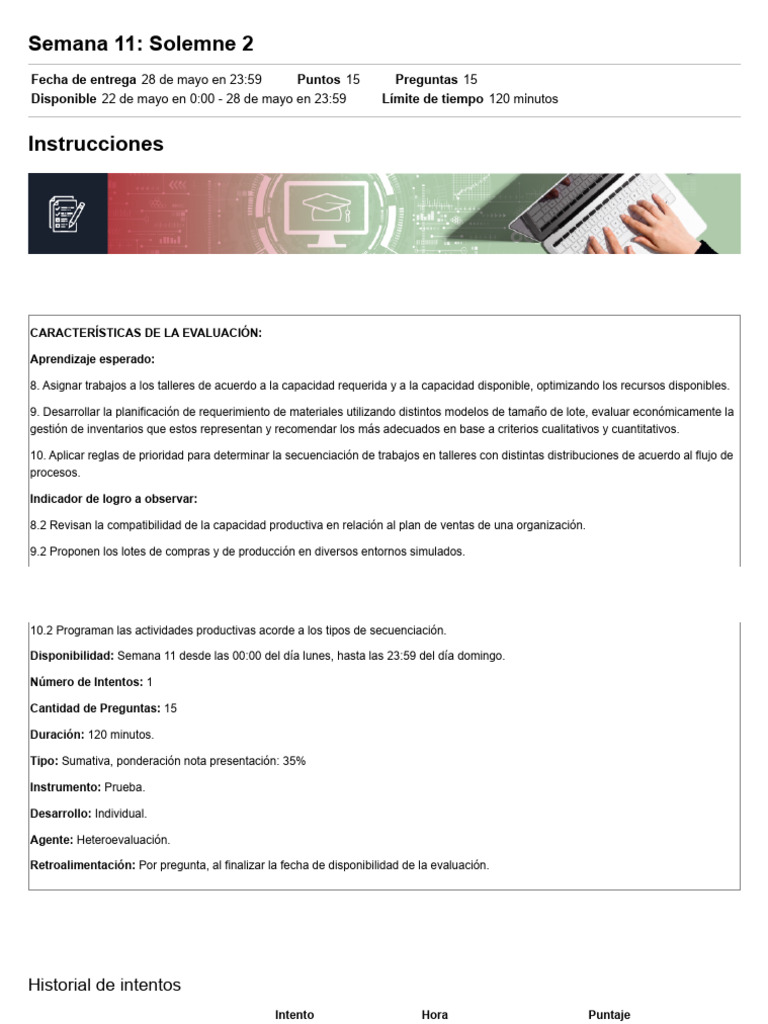 Semana 11 Solemne 2 202305.1868 PLANIFICACI N DE LA PRODUCCI N PDF | PDF | Business | Evaluación