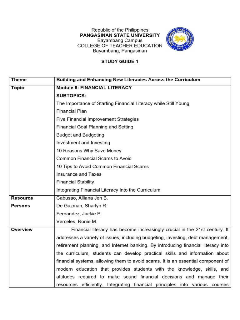 Module 8: Financial Literacy Overview | PDF | Financial Literacy | Goal