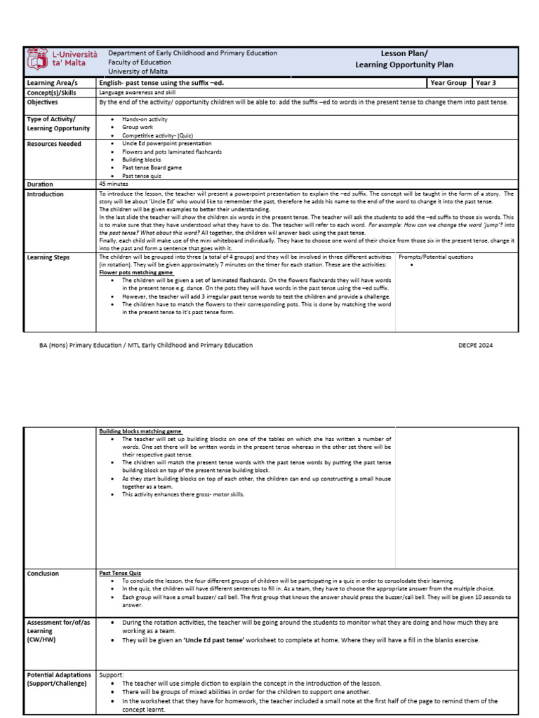 Lesson Plan Learning Opportunity Plan BA Primary Past Tense | PDF ...