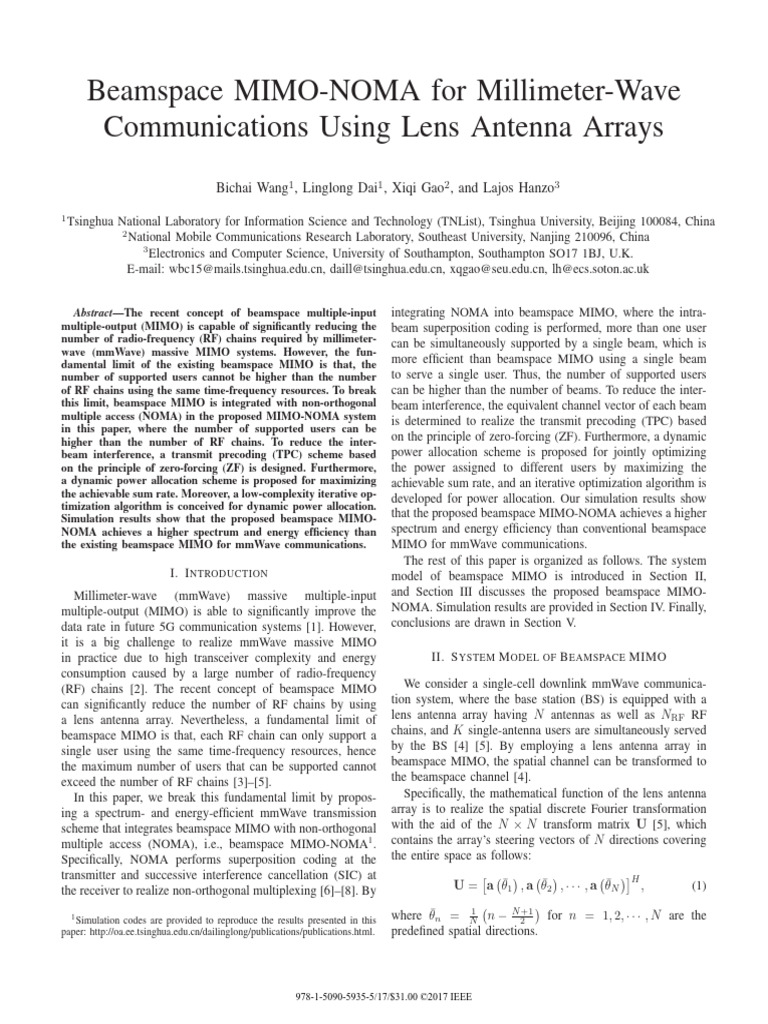 Beamspace MIMO-NOMA For Millimeter-Wave Communications Using Lens Antenna Arrays | Download Free ...