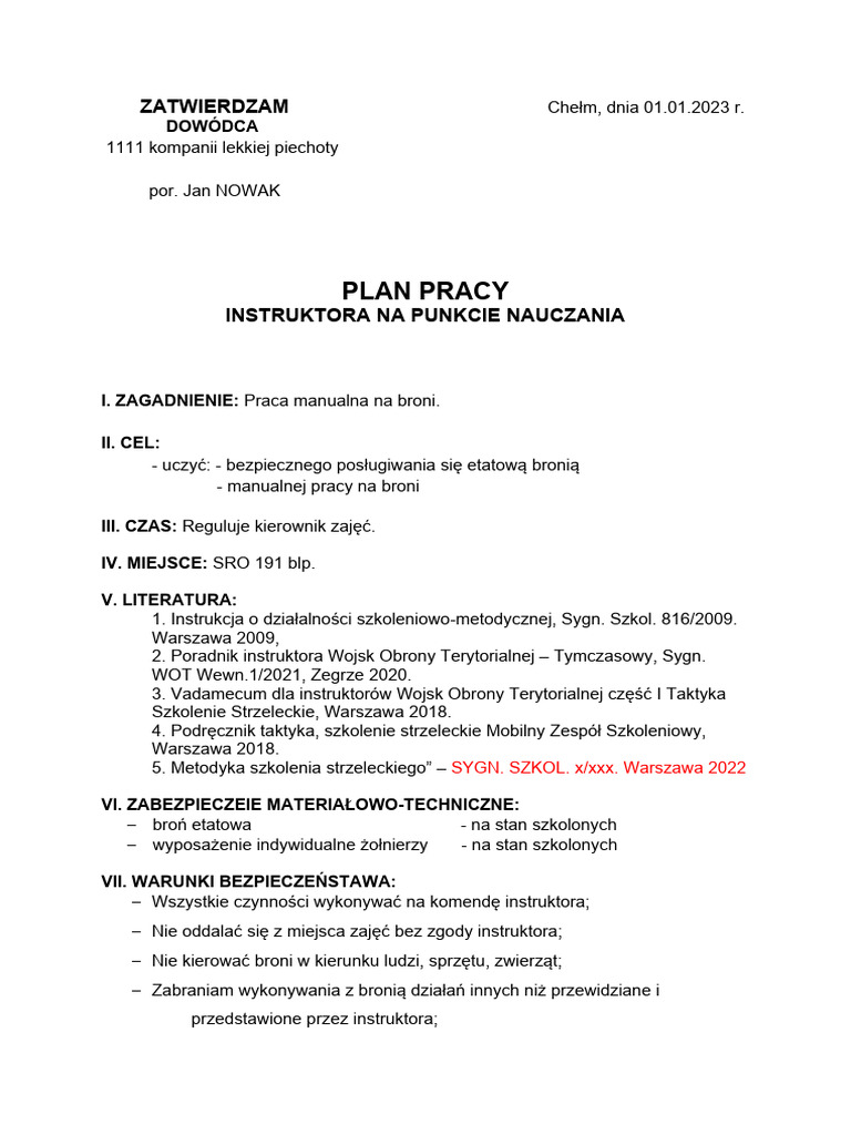 Plan Pracy WZÓR | PDF