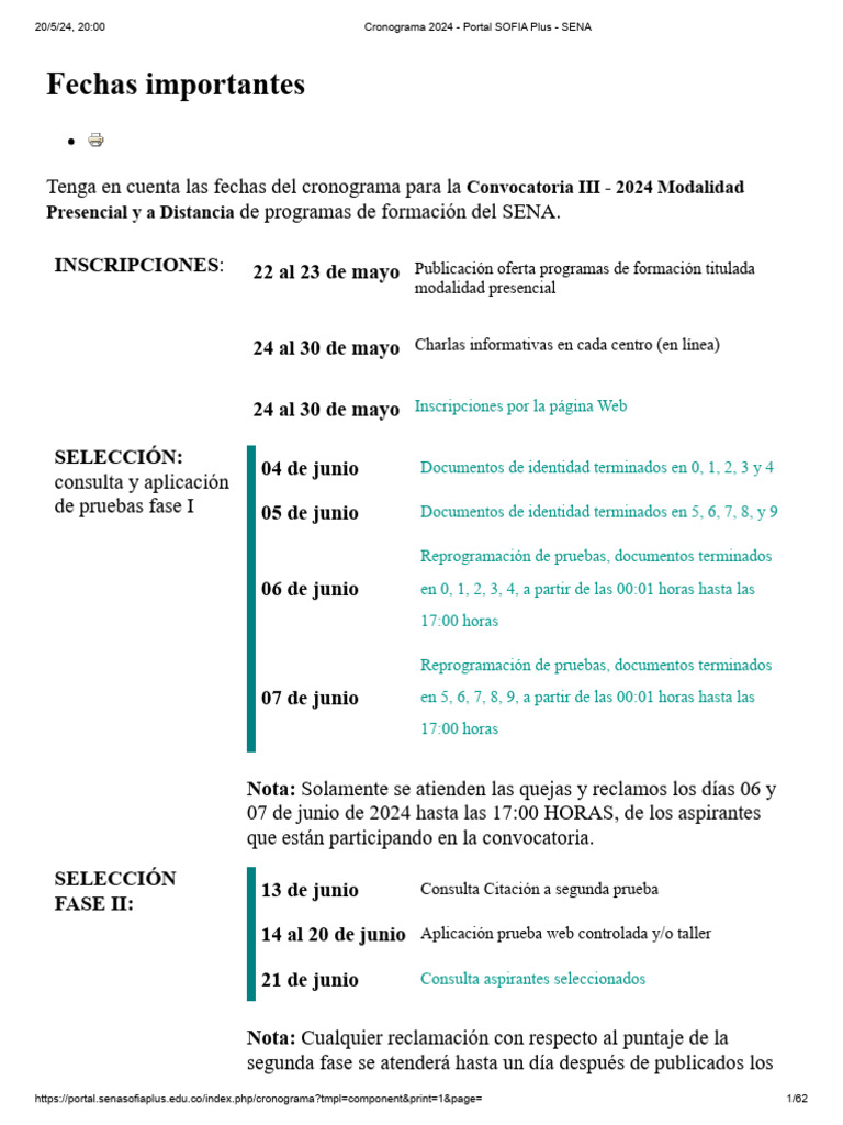 Cronograma 2024 - Portal SOFIA Plus - SENA | PDF | Documento de identidad