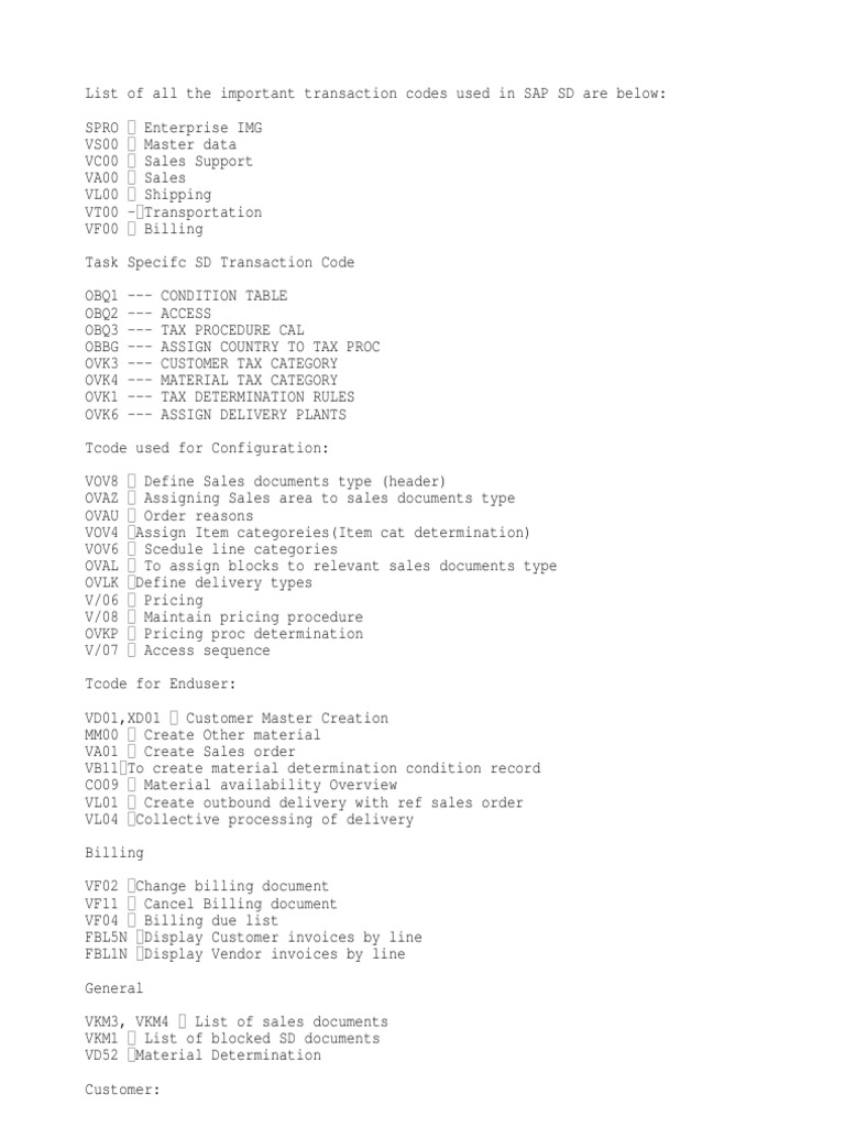 Transaction Codes SAP SD | Delivery (Commerce) | Invoice