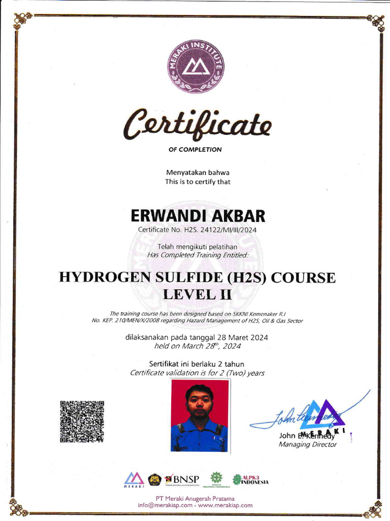 Cert No H2S 24122-MI-III-2024 ERWANDI AKBAR | PDF | Hydrogen | Gases