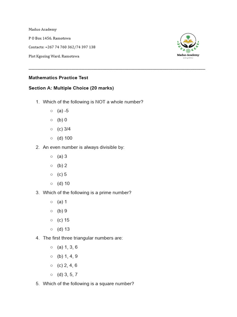 Mathematics Practice Test for Students | PDF | Mathematics | Arithmetic