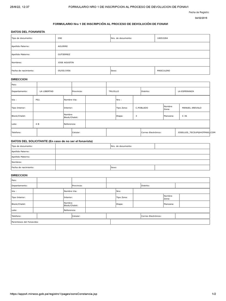 Formulario Nro 1 de Inscripcion Al Proceso de Devolucion de Fonavi ...