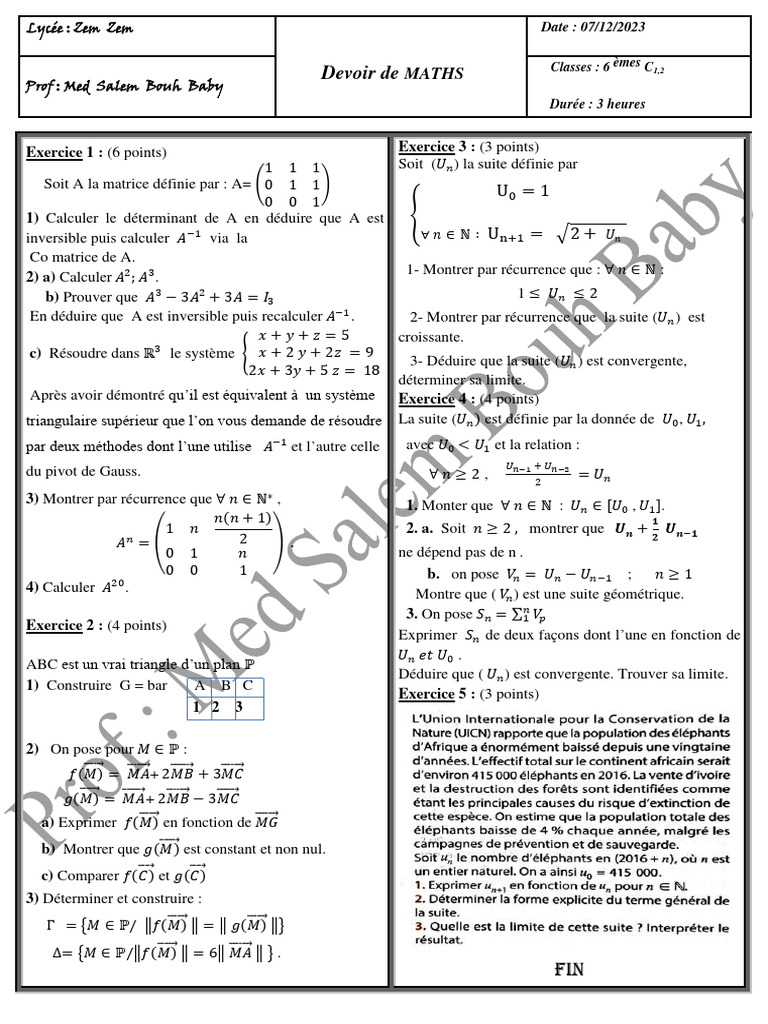 Devoir de maths 6ème - 07/12/2023 | PDF | Algèbre linéaire | Algèbre ...