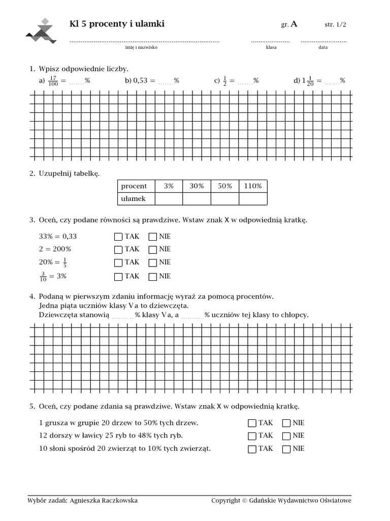 Klasowka - Procenty I Ulamki | PDF