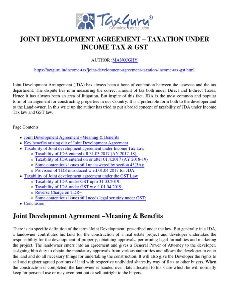 Joint Development Agreement - Taxation Under Income Tax & GST - Taxguru - in | PDF | Taxes ...