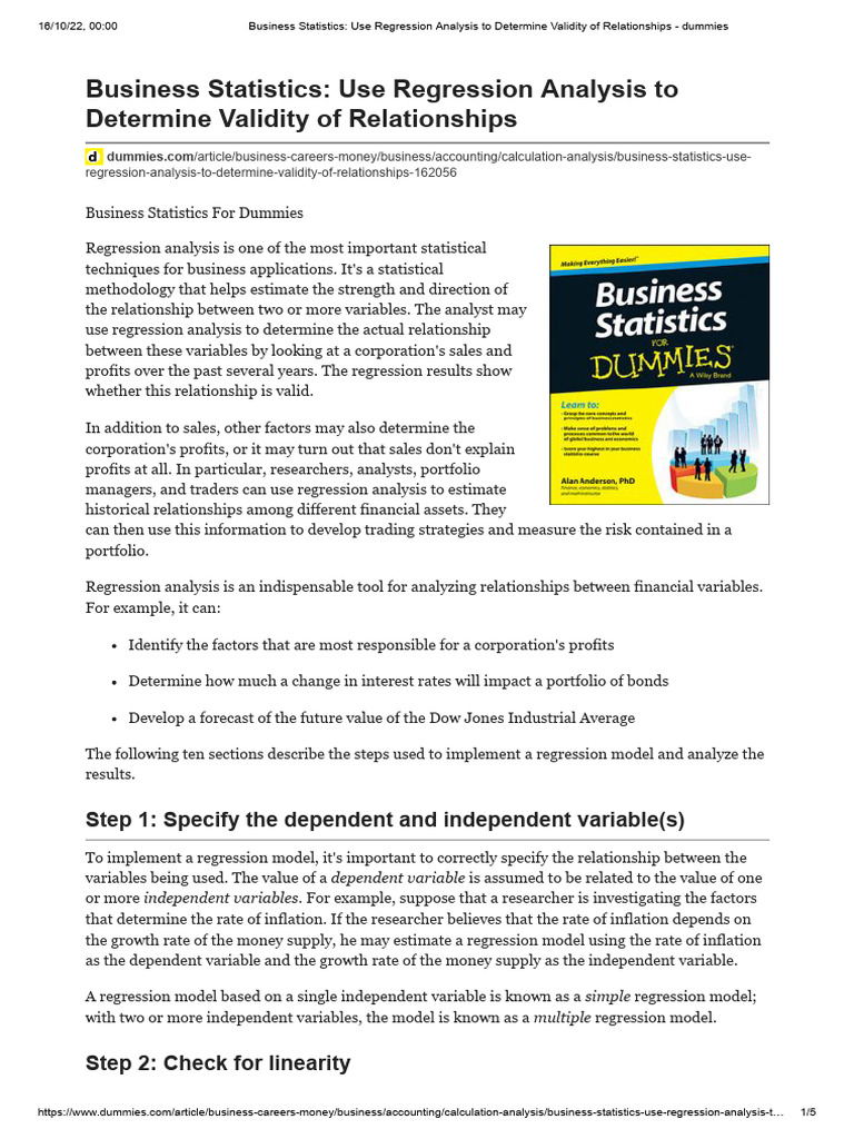 Business Statistics - Use Regression Analysis To Determine Validity of ...