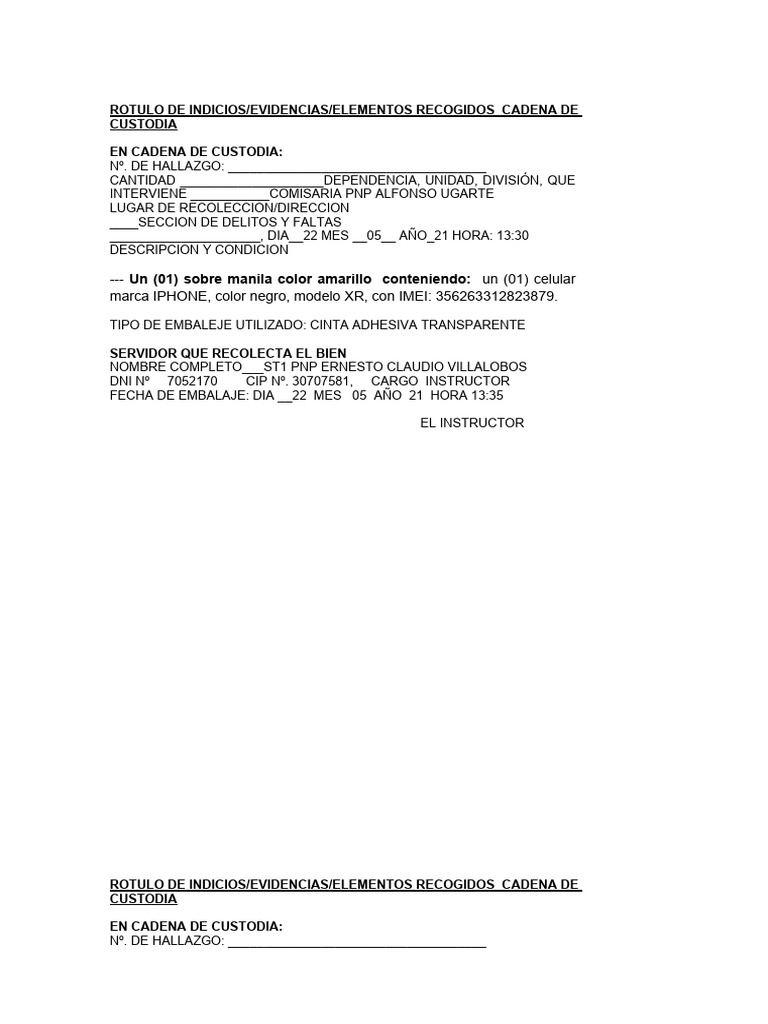 ROTULO DE CADENA DE CUSTODIA | PDF | Evidencia | Procedimiento legal