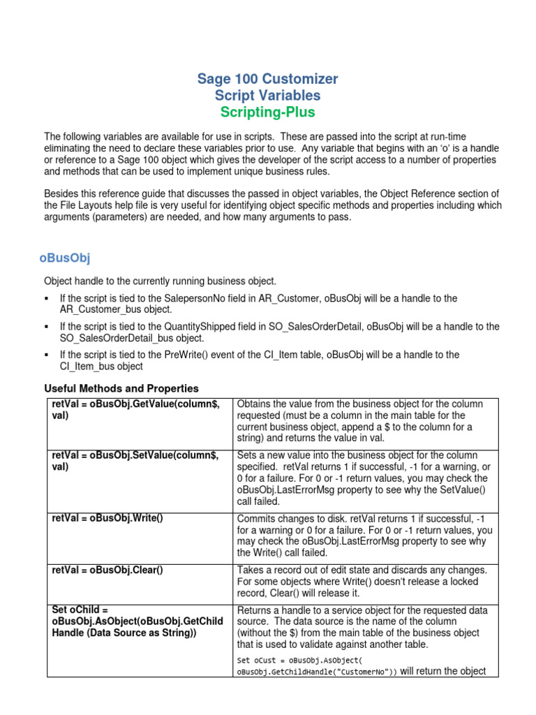 Sage 100 BOI Scripting | PDF | Parameter (Computer Programming) | Variable (Computer Science)