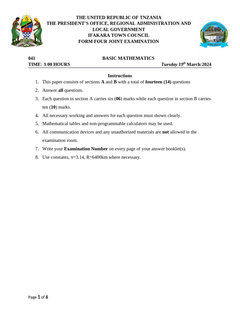 Form Four Basic Mathematics Exam 2024 | PDF | Triangle | Area