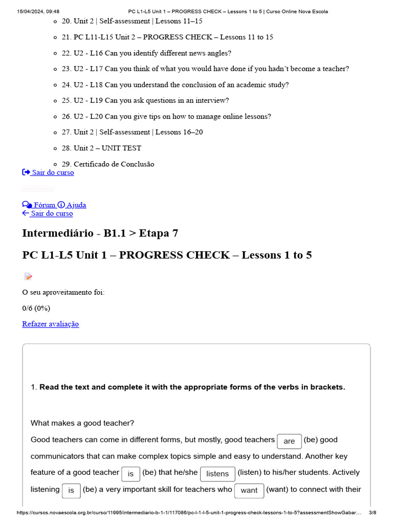 PC L1-L5 Unit 1 - PROGRESS CHECK - Lessons 1 To 5 - Curso Online Nova Escola | PDF | Cognitive ...