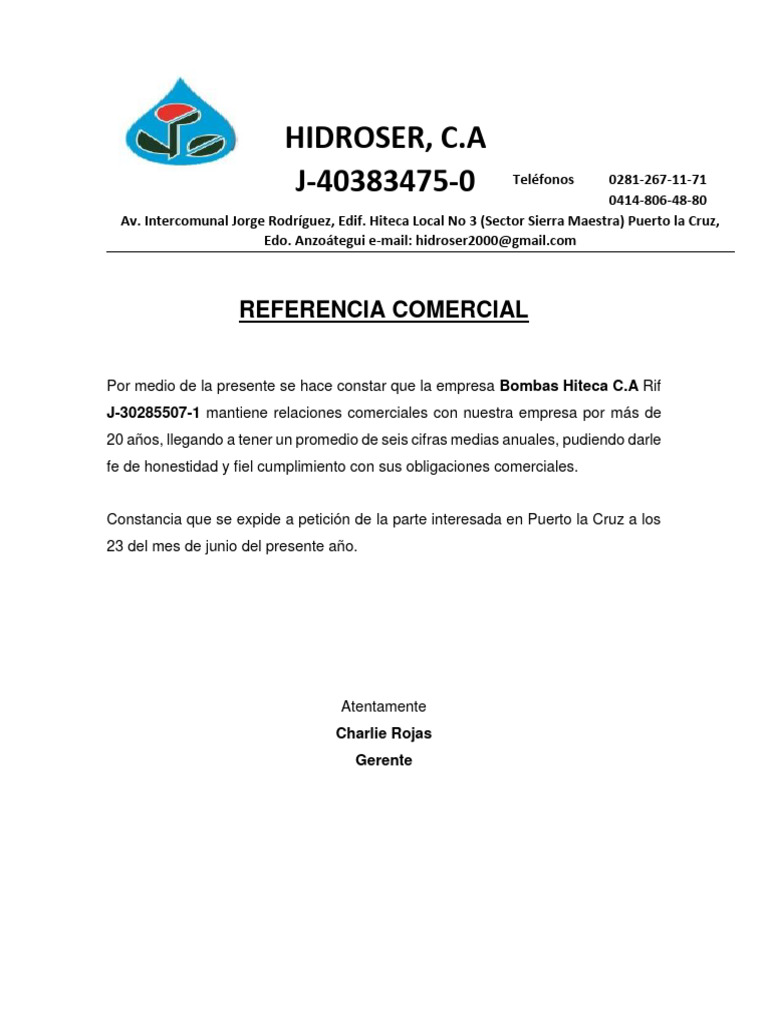 Referencia Comercial de HIDROSER, C.A. | PDF | Derecho
