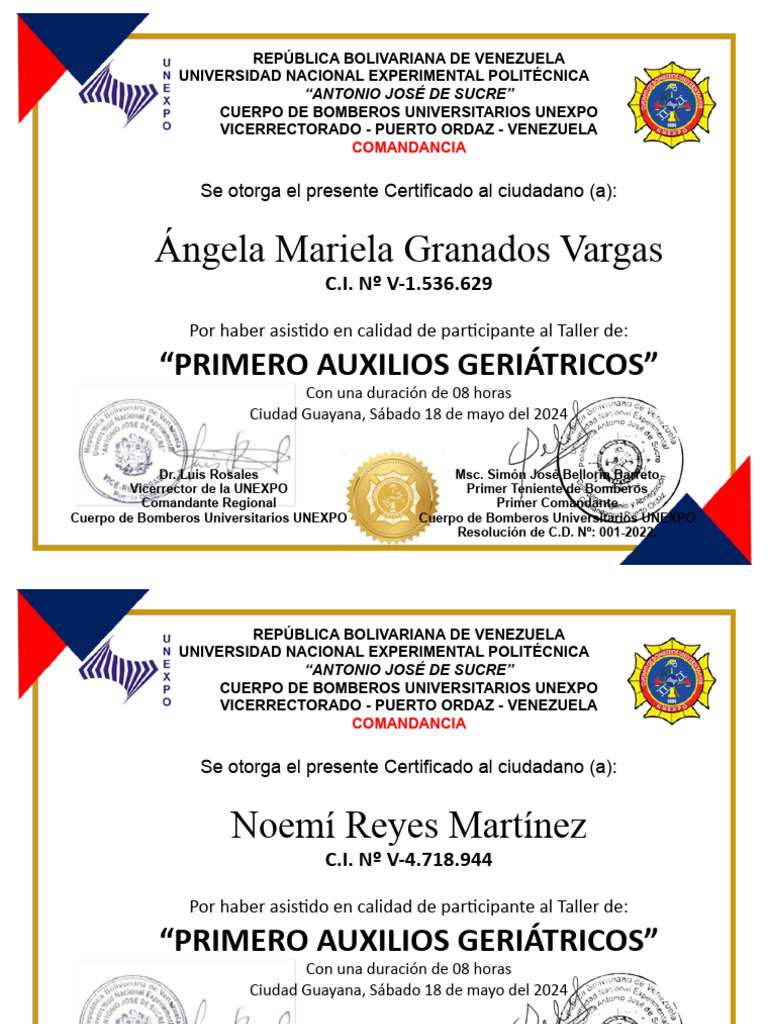 Certificados Taller PrimerosAuxilios Geriatricos | PDF | Venezuela | Control (social y político)