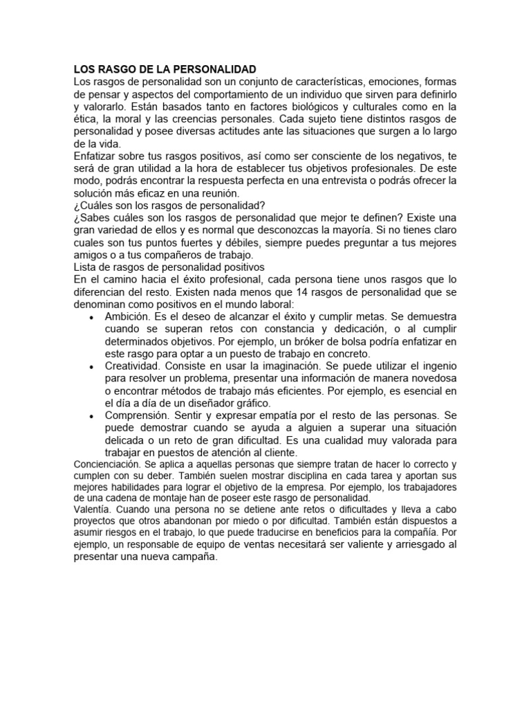 Los Rasgo de La Personalidad | PDF | Creatividad | Valor