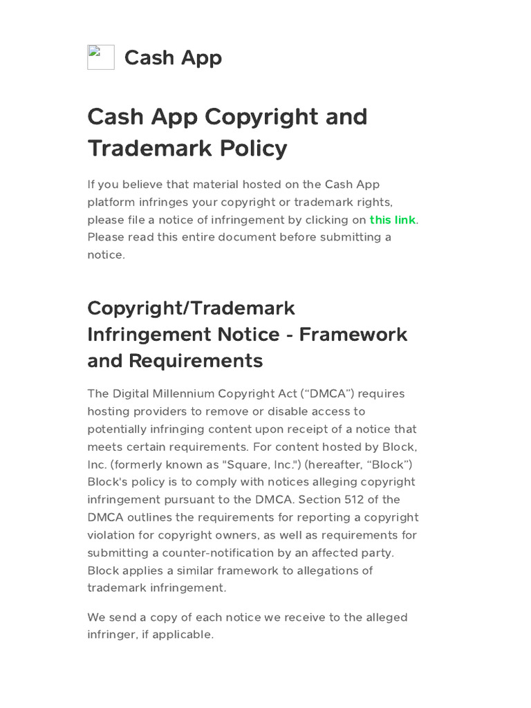 Cash App Copyright and Trademark Policy | PDF | Trademark | Online ...
