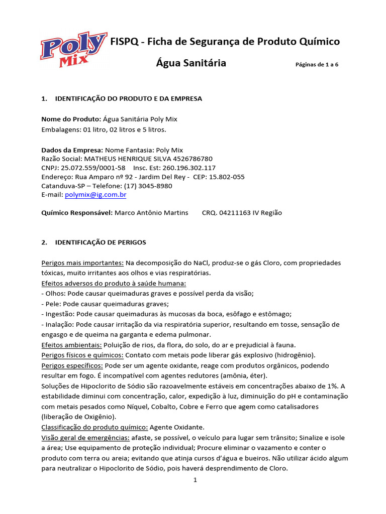 Agua Sanitaria Poly Mix Poly | PDF | Cloro | Substancias químicas