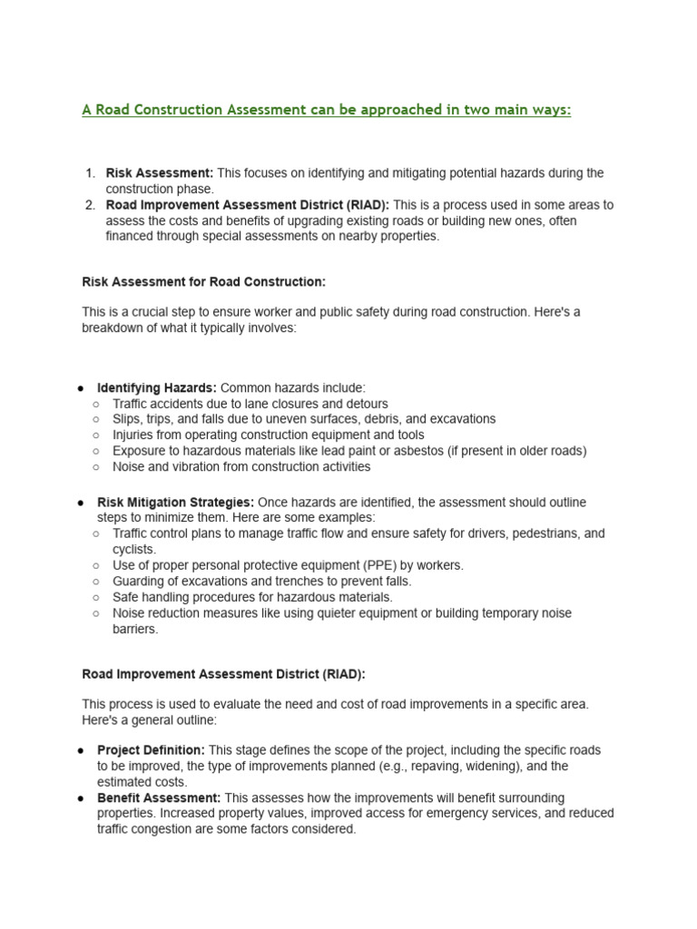 Road Construction Assessment | PDF | Road | Risk