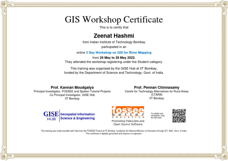 GIS Workshop Certificate for Zeenat Hashmi | PDF