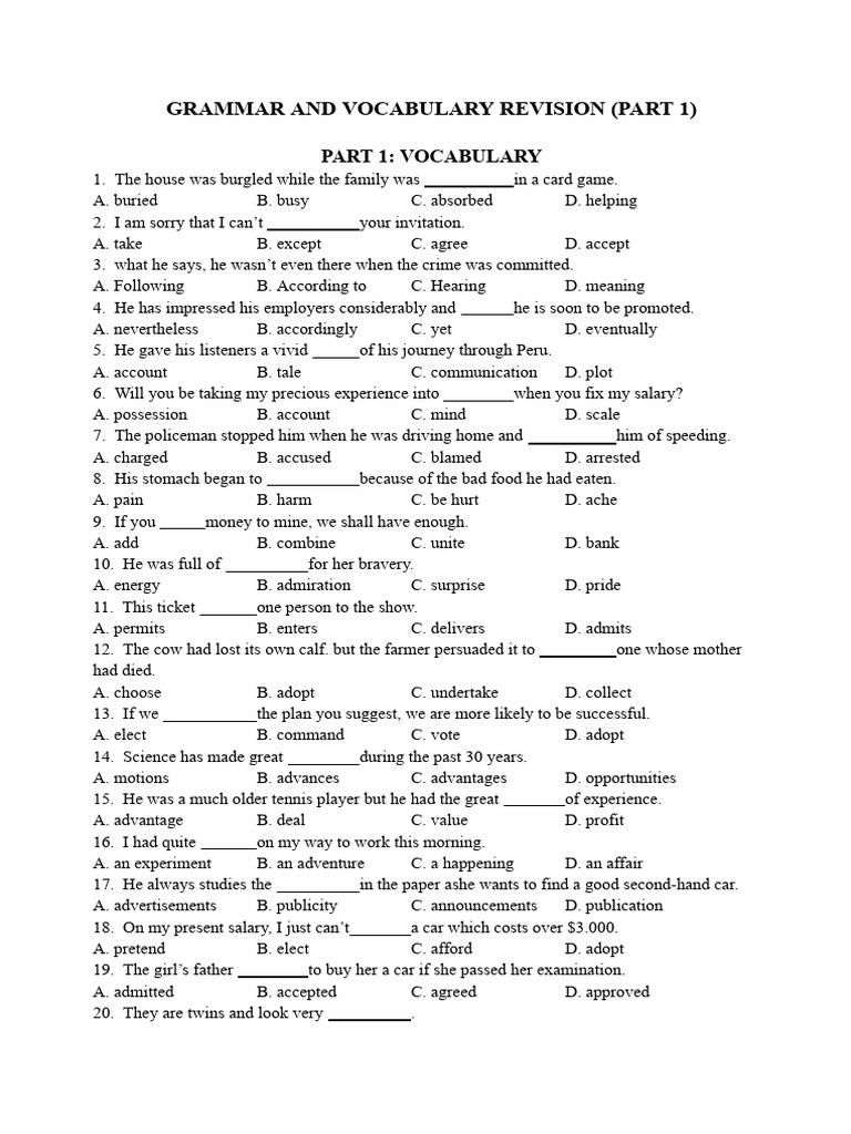 Grammar and Vocabulary Test | PDF | Interest