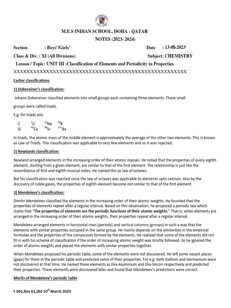 Notes-Classification of Elements and Periodicity-1 | PDF | Periodic ...