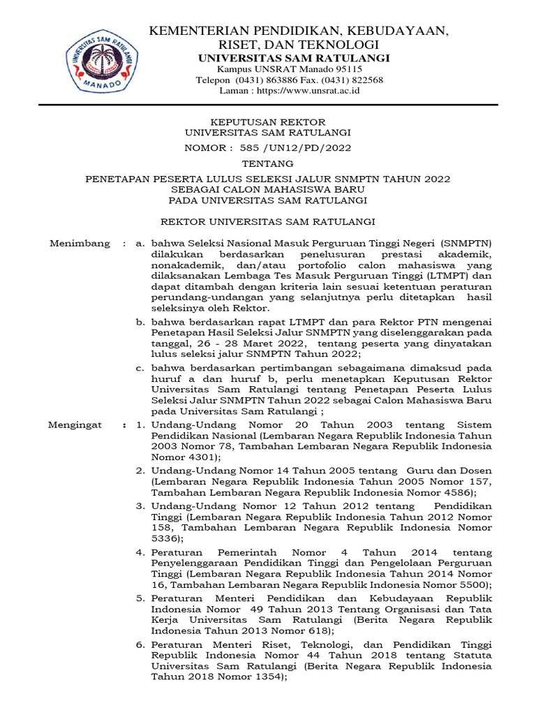 Hasil SNMPTN UNSRAT 2022 UNSRAT | PDF