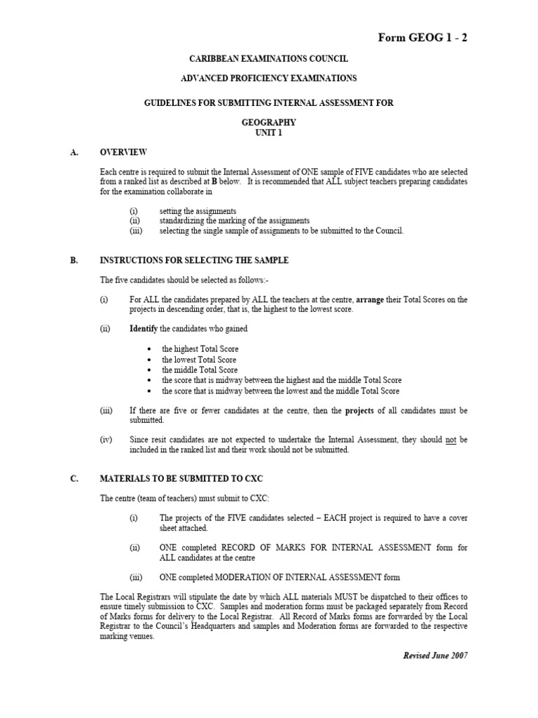 CAPE Geography Internal Assessment Guidelines | PDF | Business
