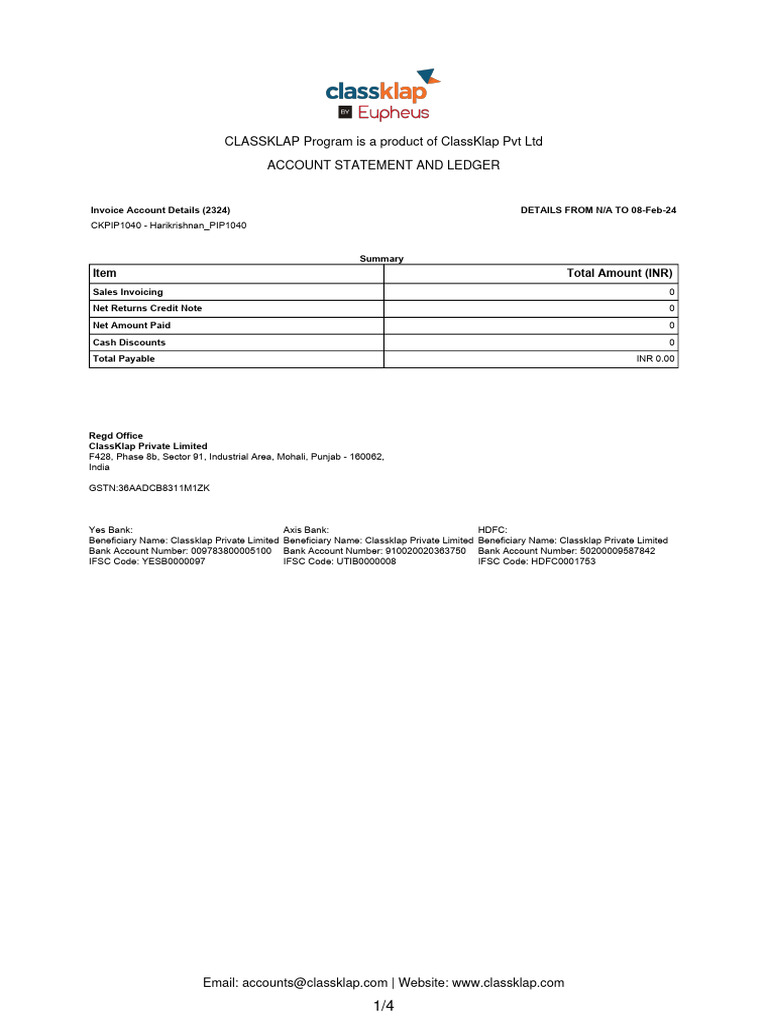 ClassKlap Invoice Account Summary 2324 | PDF | Debits And Credits | Banking