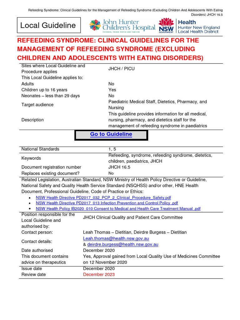 Refeeding Syndrome Clinical Guidelines For The Management of Refeeding ...