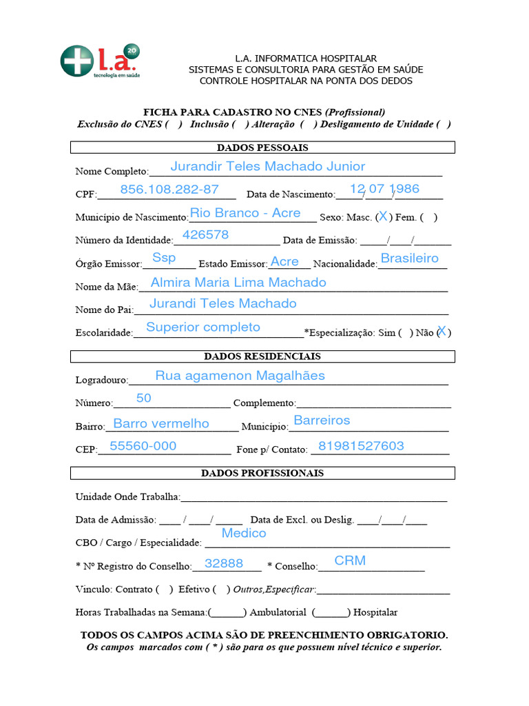 Ficha CNES Profissionais LA | PDF | Brasil
