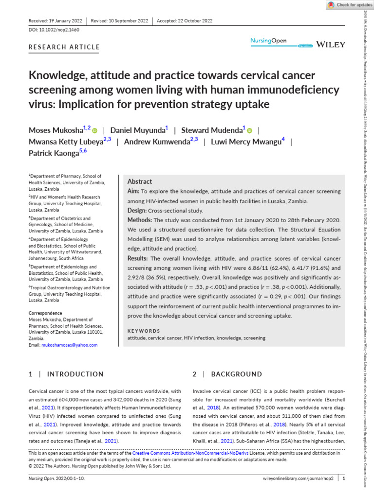 Nursing Open - 2022 - Mukosha - Knowledge Attitude and Practice Towards ... Nursing Open - 2022 - Mukosha - Knowledge Attitude and Practice Towards ...