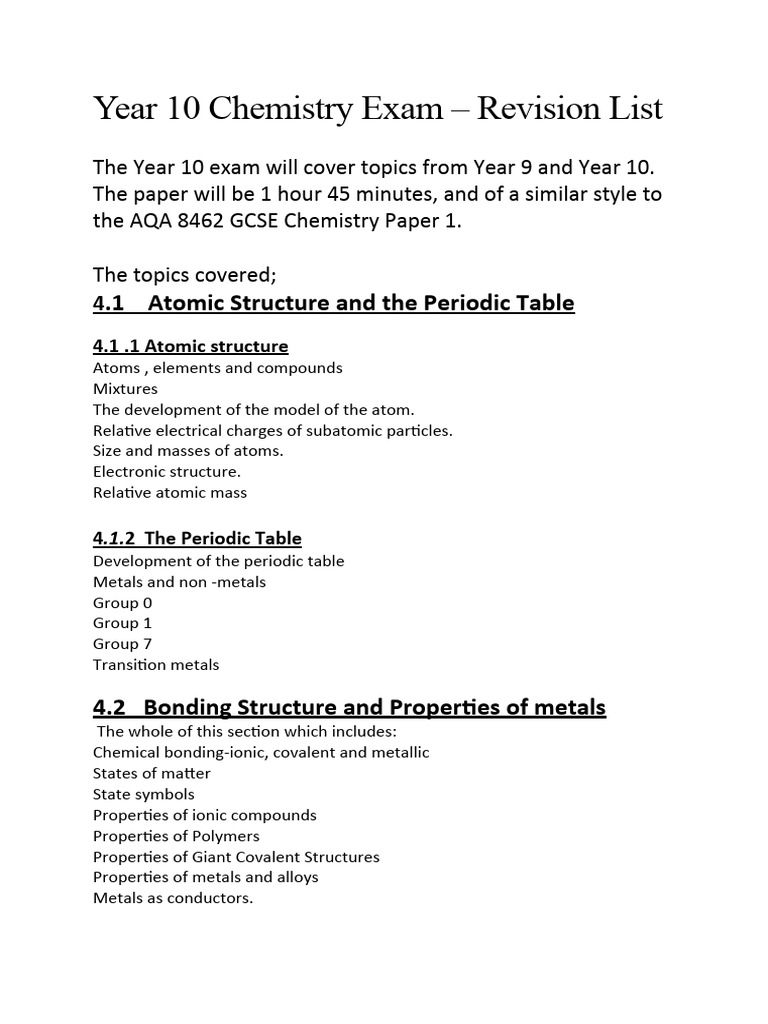 Year 10 Chemistry Exam Revision Guide | PDF | Chemical Reactions ...