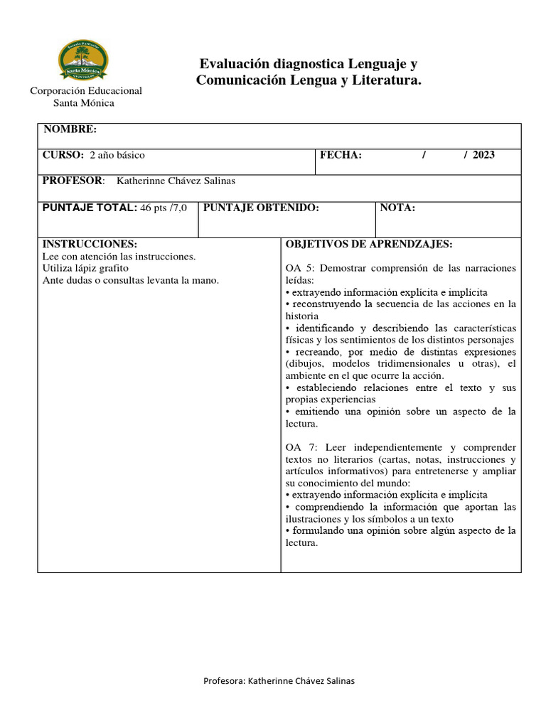 Examen de Lenguaje 2° Básico | PDF
