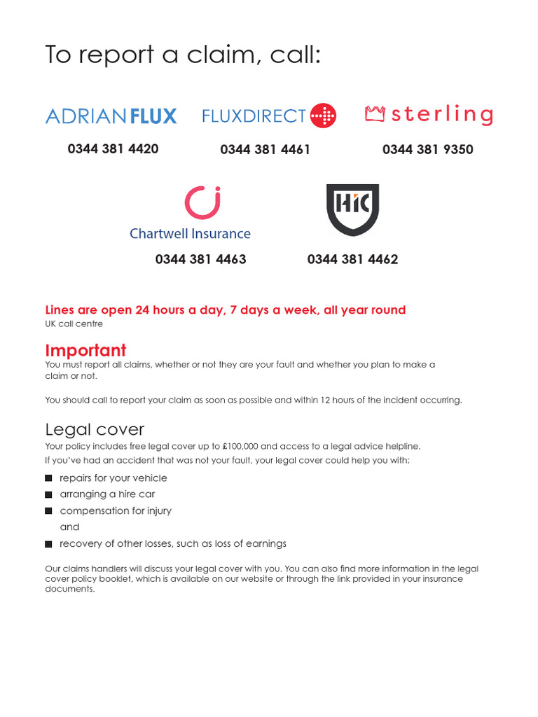 To Report A Claim, Call:: Important | PDF | Insurance | Vehicle Insurance
