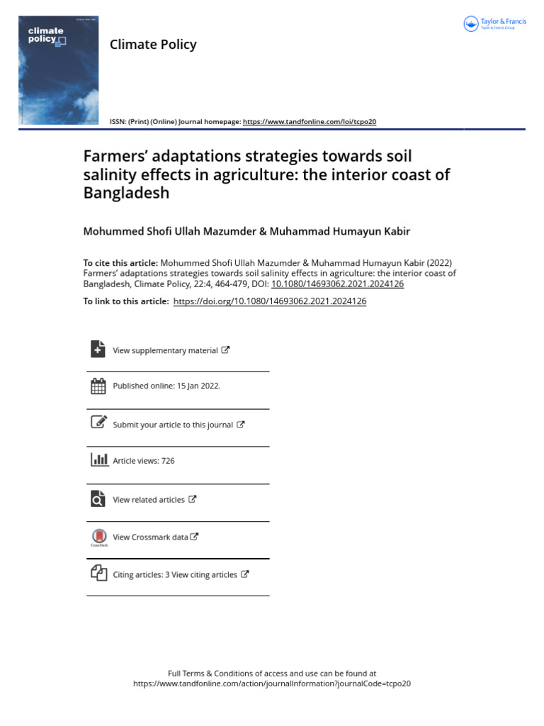 Farmers adaptations strategies towards soil salinity effects in agriculture the interior coast ...