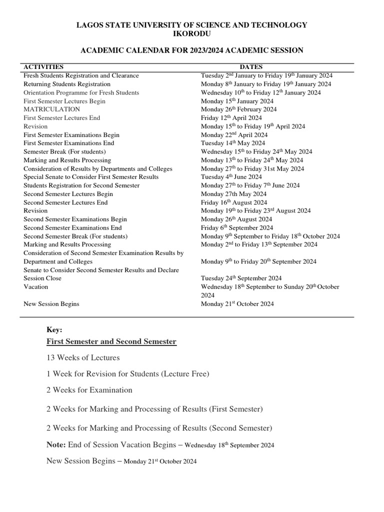 LASUSTECH 2023/2024 Academic Calendar | PDF | Academic Term