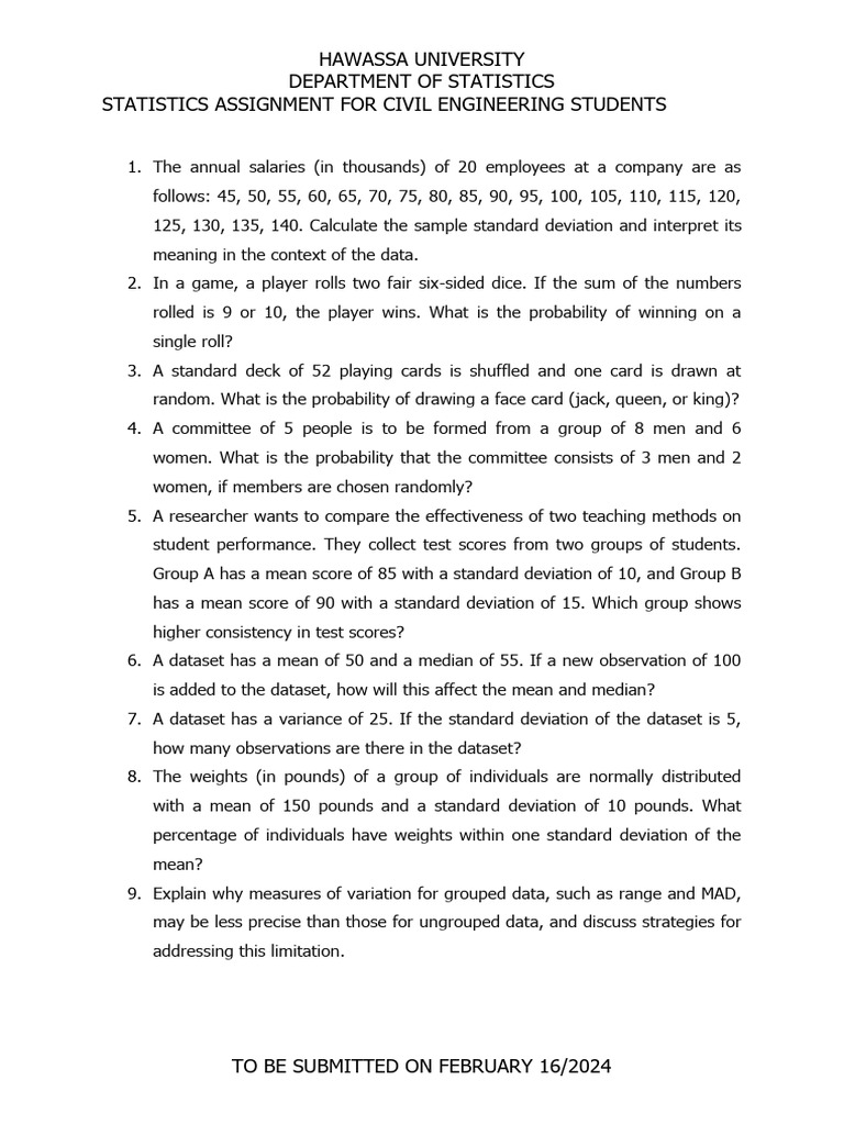 Assignment for statistics | PDF | Standard Deviation | Statistics